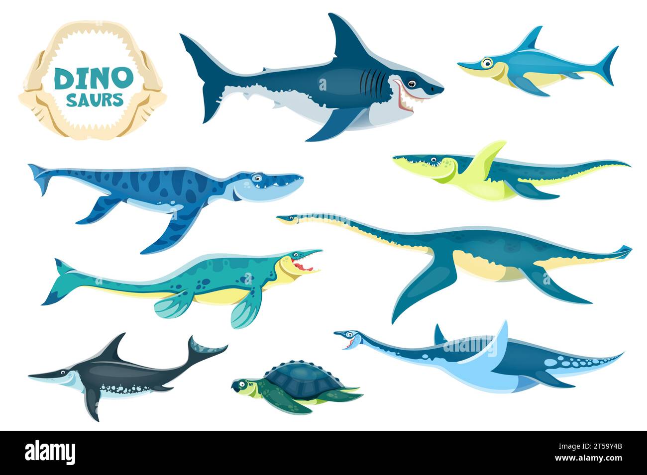 Cartoon aquatic dinosaurs cute characters. Megalodon Ophthalmosaurus ...