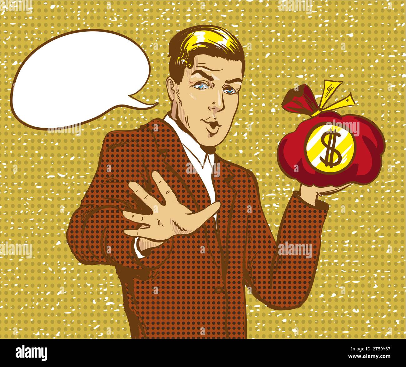 Vector illustration of happy businessman holding money bag with dollar ...