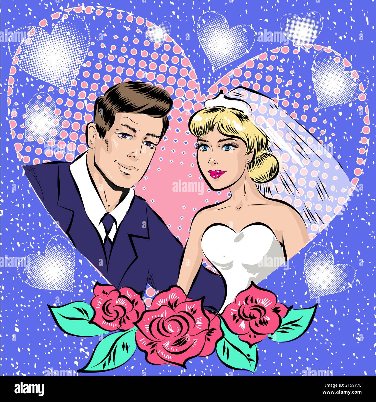 Vector illustration of bride and groom, happy wedding couple. Greeting ...