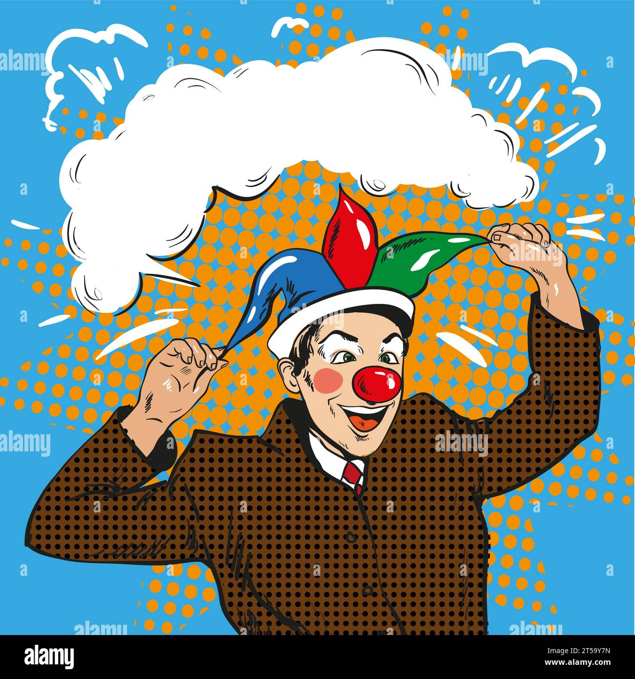 Vector illustration of businessman clown in jester hat in retro pop art ...