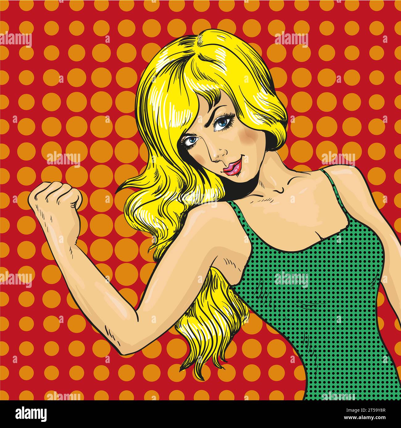 Vector Illustration Of Young Woman Showing Muscles In Retro Pop Art