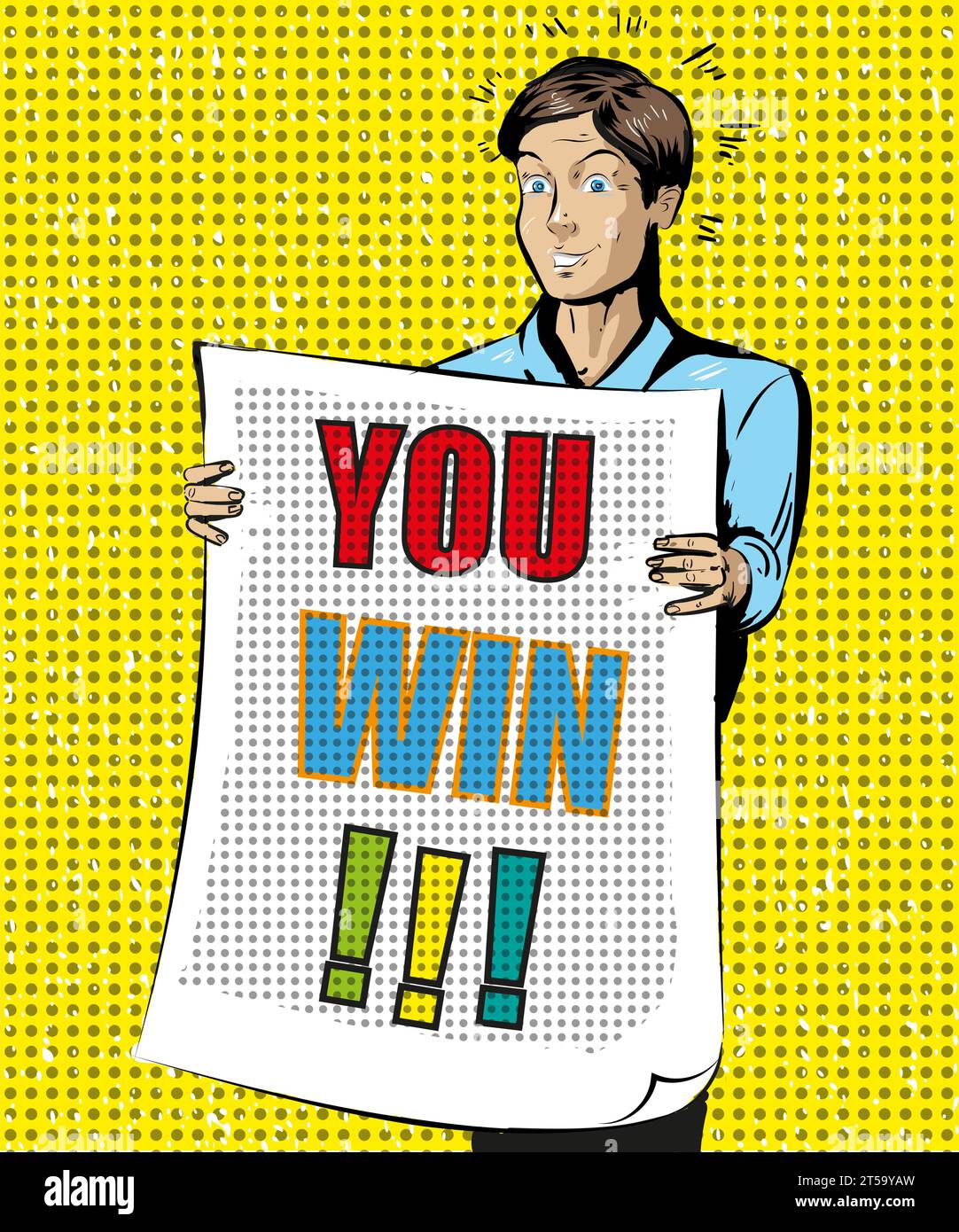 You Win vector illustration. Young man holding poster with text. Retro ...