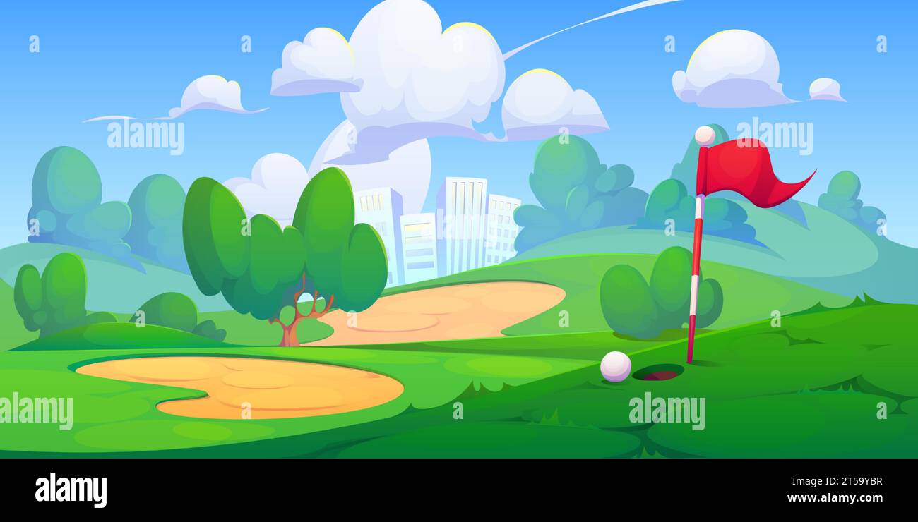 Cartoon golf field in city park with hole, pin flag, and ball. Vector ...