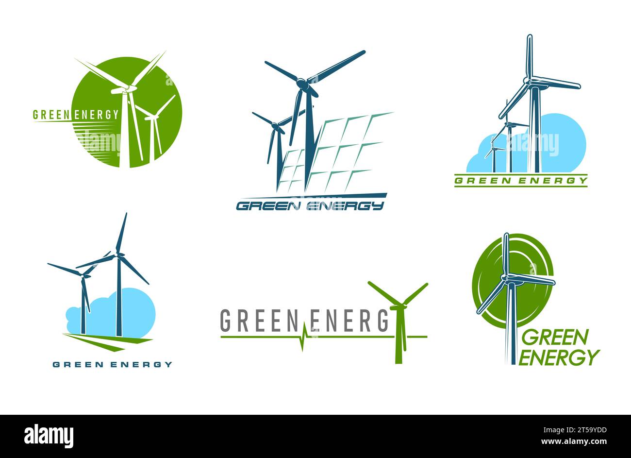 Wind turbine and solar panel symbol. Green clean energy icons ...
