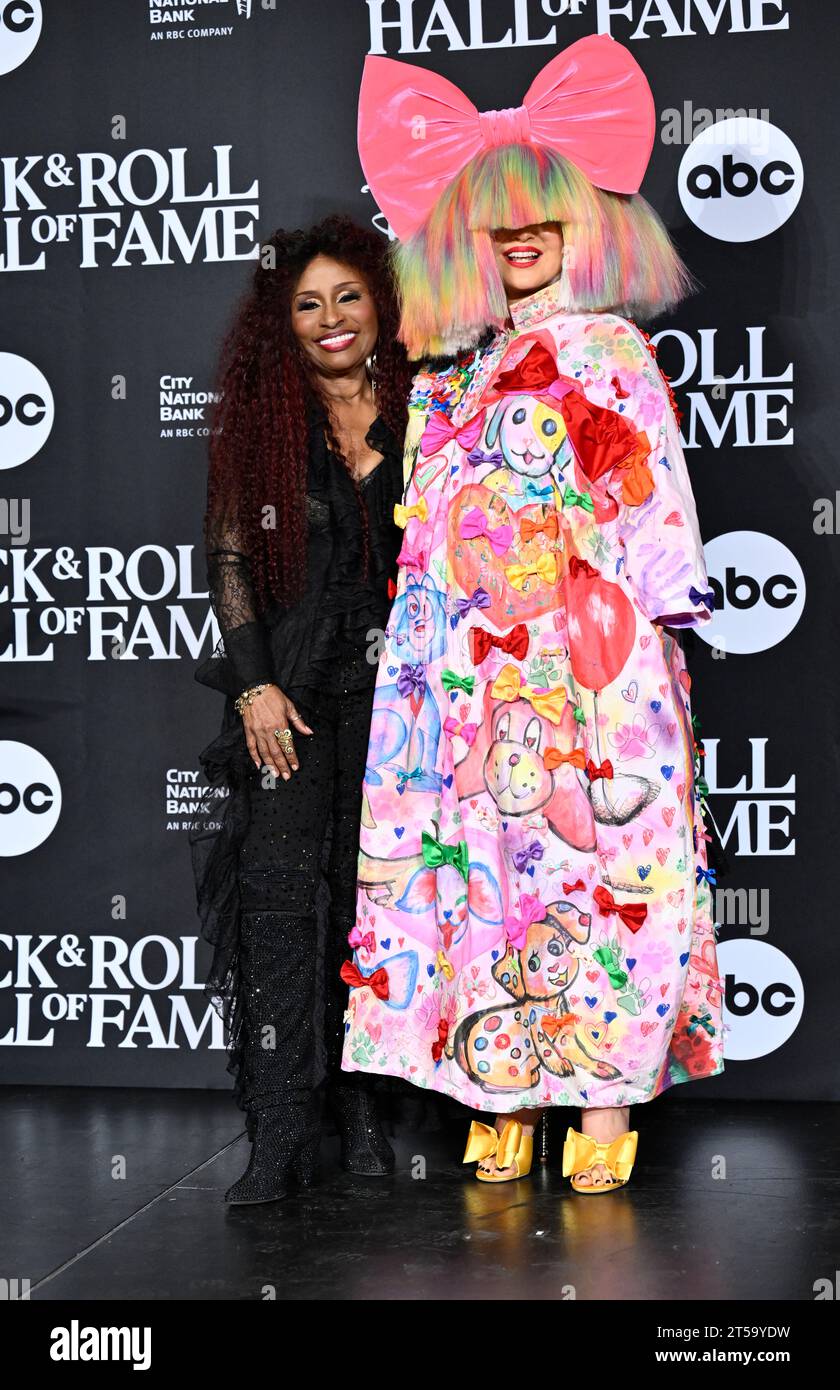 Sia, left, and Chaka Khan pose in the press room during the Rock & Roll Hall of Fame Induction ...