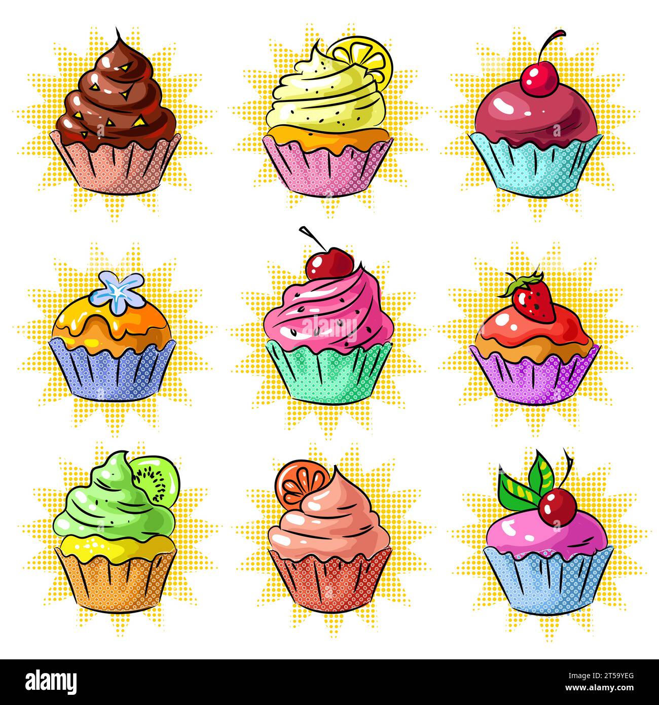 Vector pop art delicious cupcake set. Chocolate, fruit, vanilla muffins vintage sketch style ...