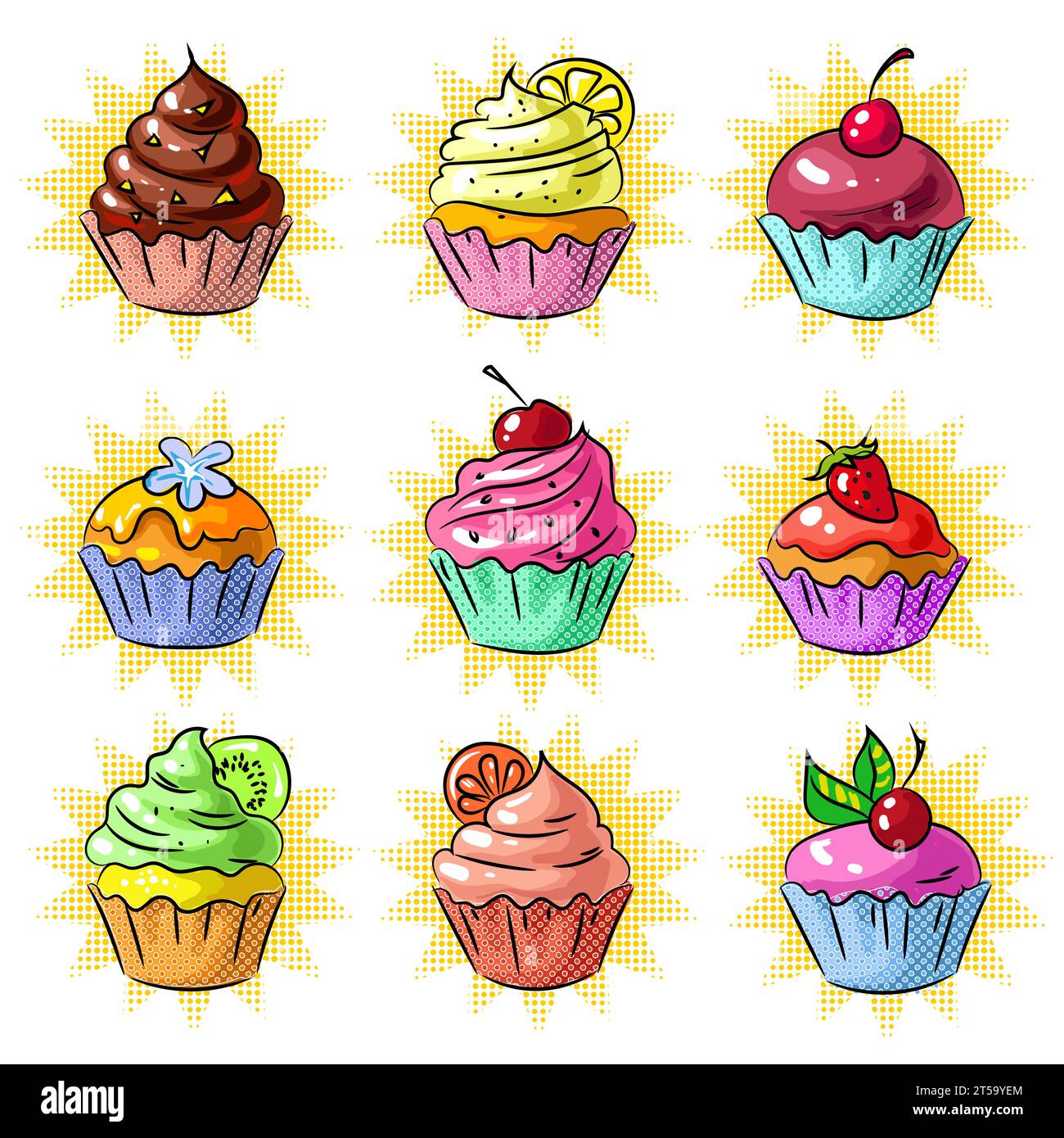 Vector pop art delicious cupcake set. Chocolate, fruit, vanilla muffins ...