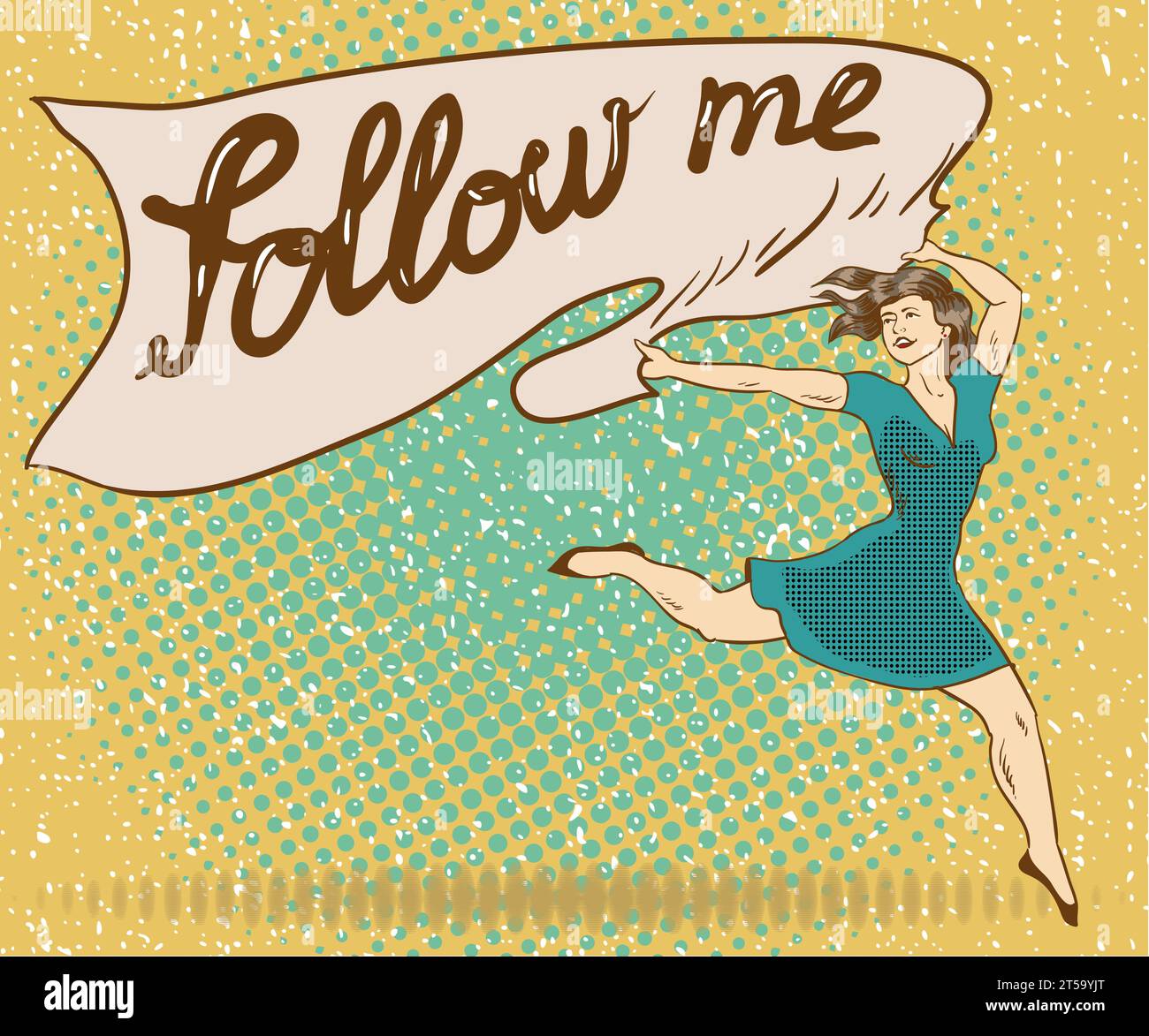 Woman holds banner with follow me sign. Pop art comic retro style ...