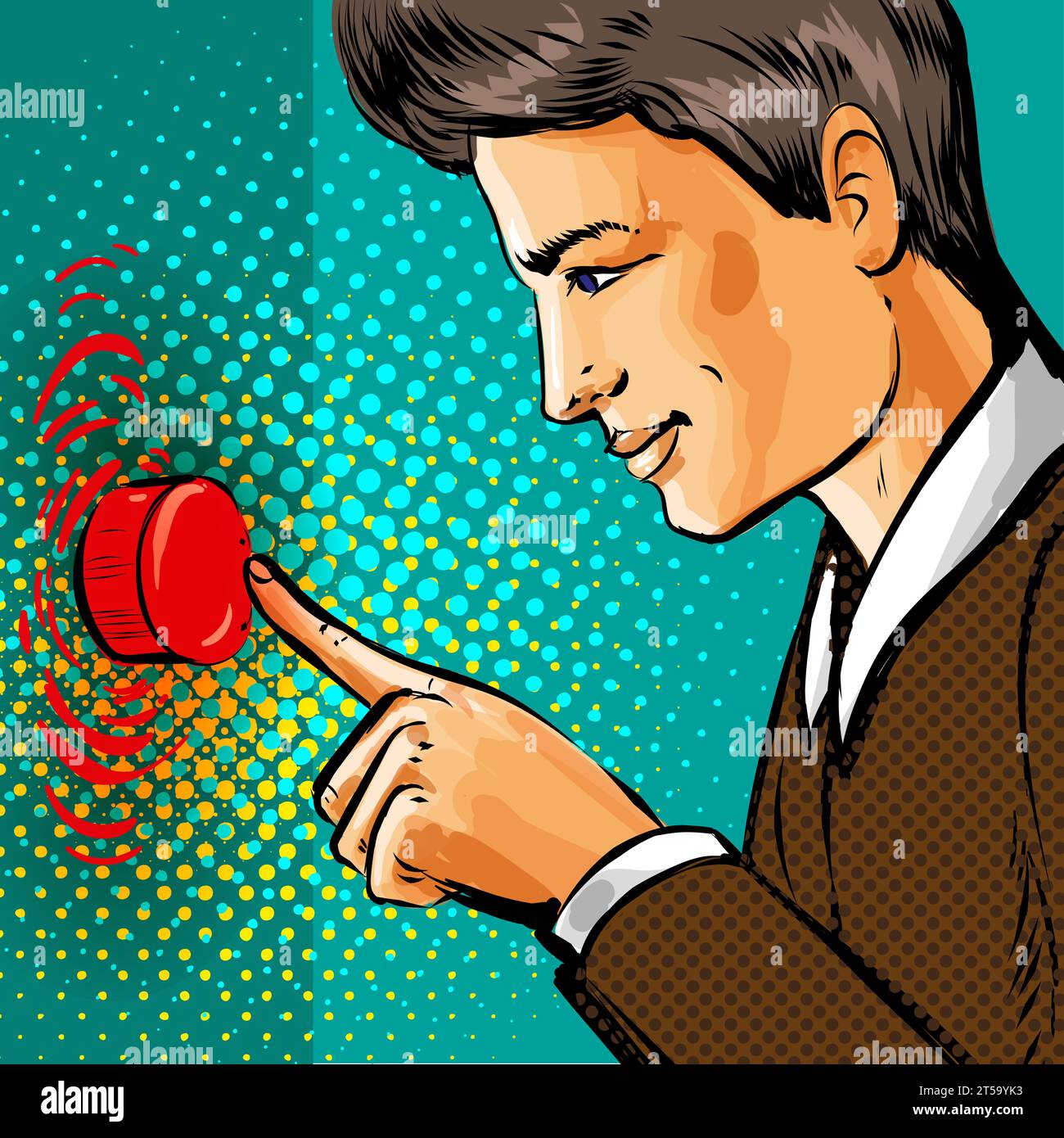 Vector pop art man pressing big red button Stock Vector Image & Art - Alamy