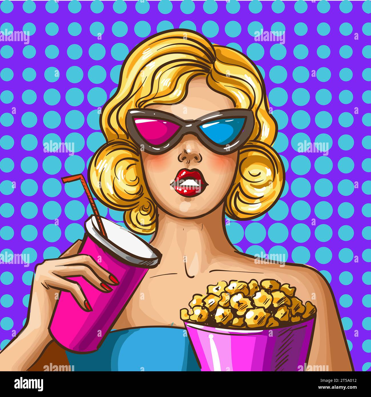 Vector pop art illustration of beautiful lady in 3d glasses Stock ...