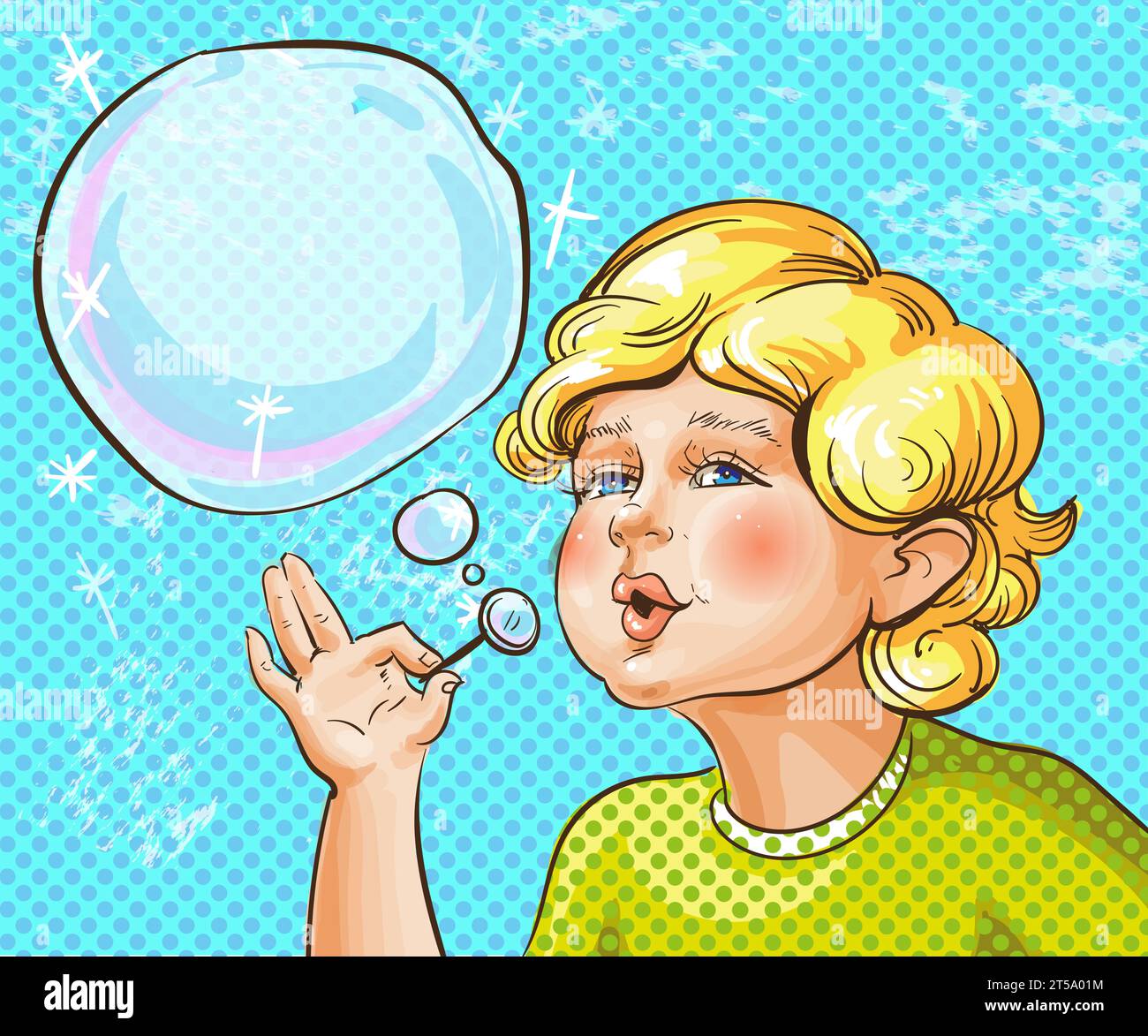 Vector pop art illustration of cute kid blowing bubbles Stock Vector ...