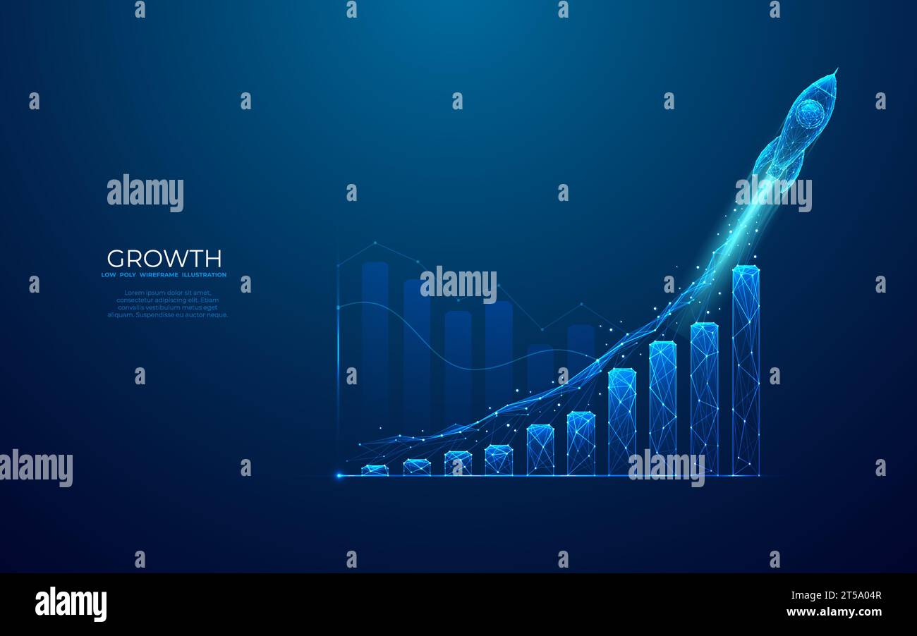 Growth graph chart with launch rocket on technology blue background ...
