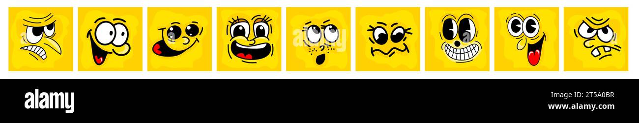 Funny cartoon comic faces on yellow background. Yellow different faces ...