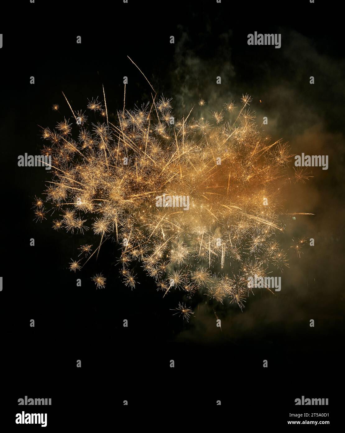 Golden firework with smoke over the black sky. Low key exposure ...