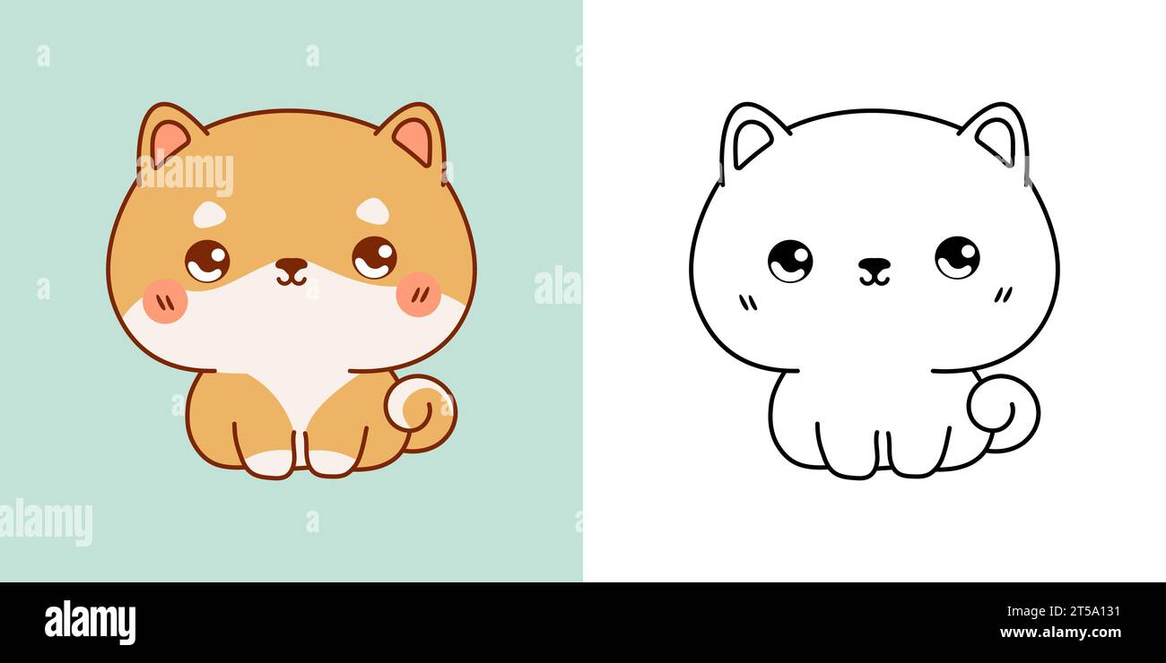 Set Clipart Shiba Inu Dog Coloring Page and Colored Illustration ...