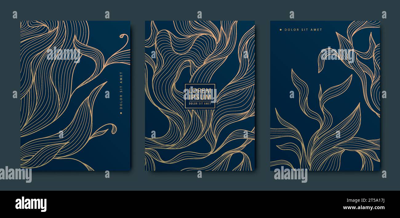 Vector art deco, luxury golden floral covers. Line japanese style ...