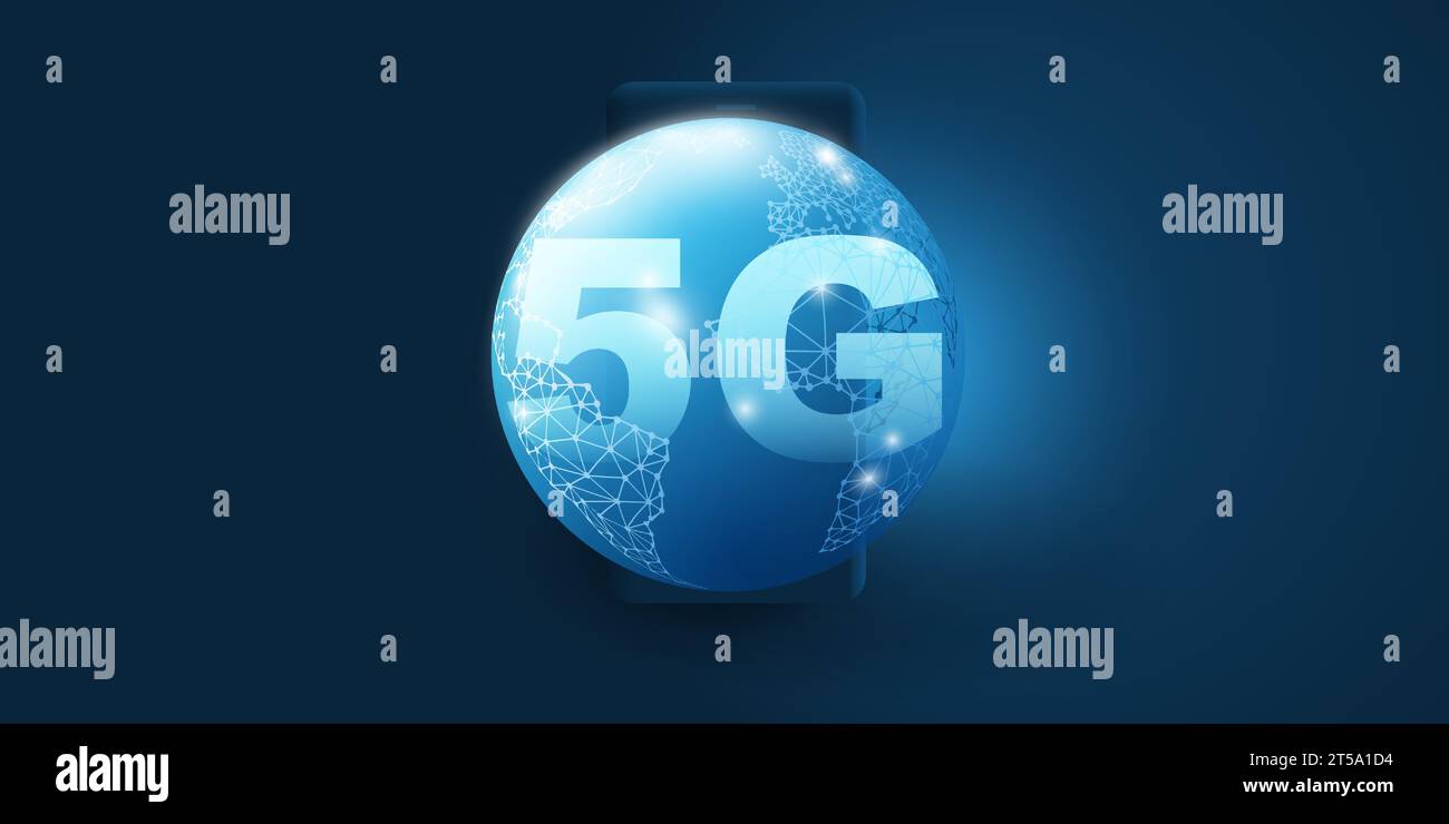 5G Network Label with Earth Globe, Smart Phone Symbol and Polygonal ...