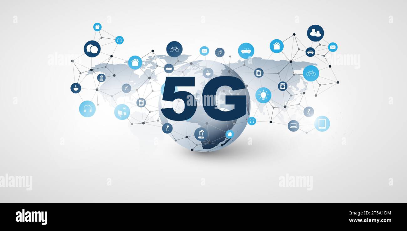 5G Network Label with World Map, Earth Globe, Icons and Network Mesh ...