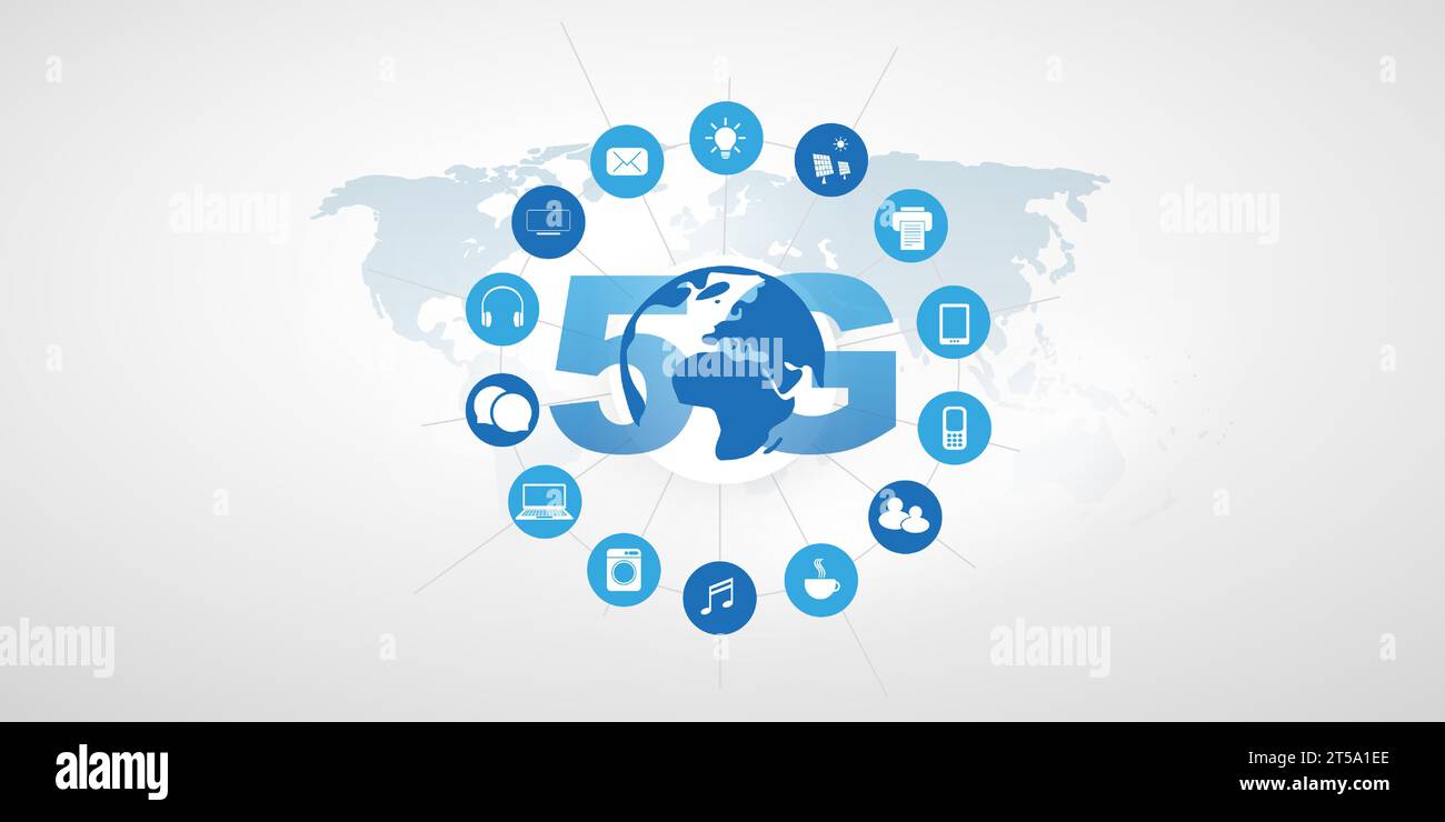 Blue 5G Network Label with Grey World Map and Circle of Tech Icons ...