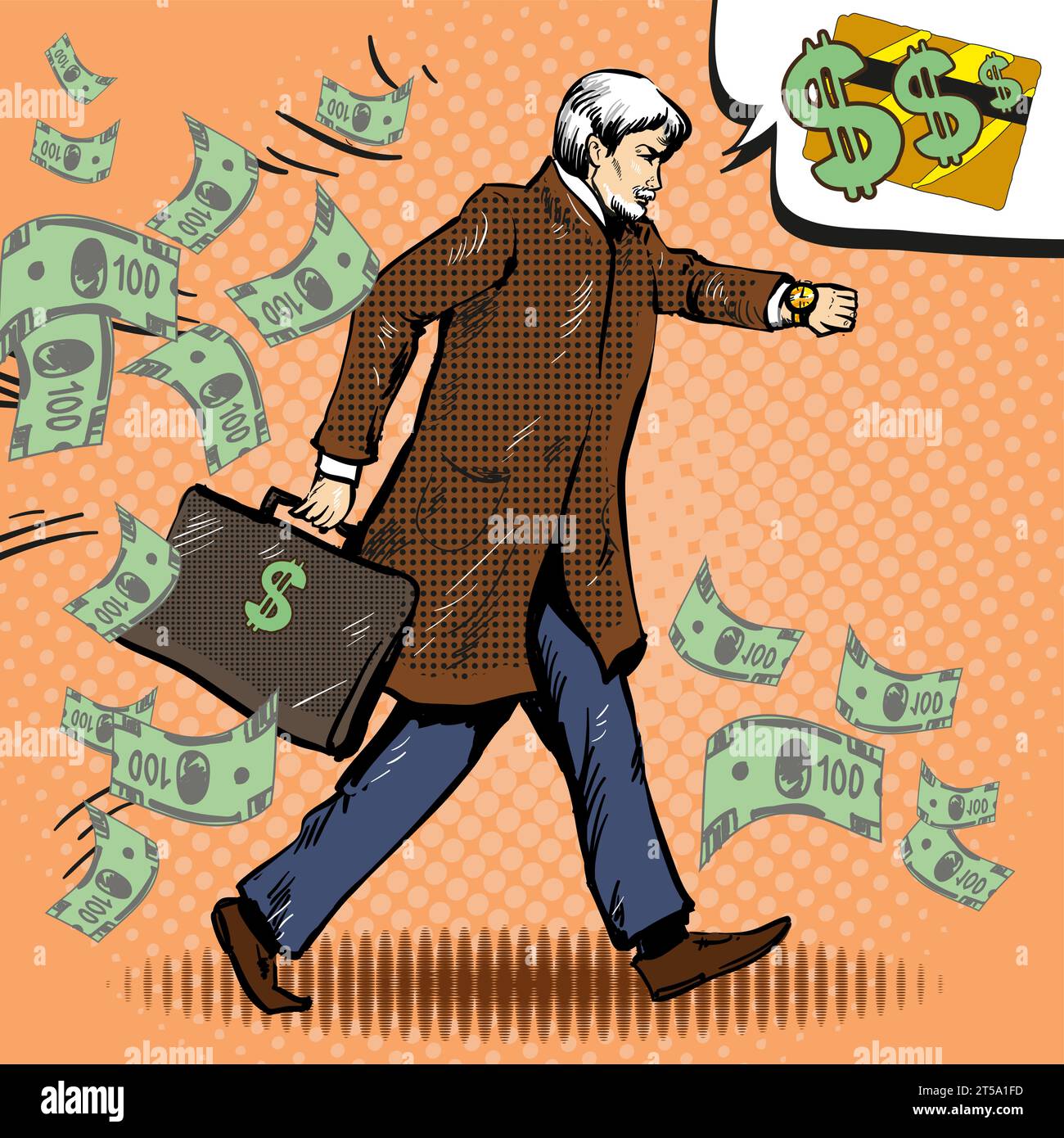Vector vintage pop art illustration of walking businessman with ...