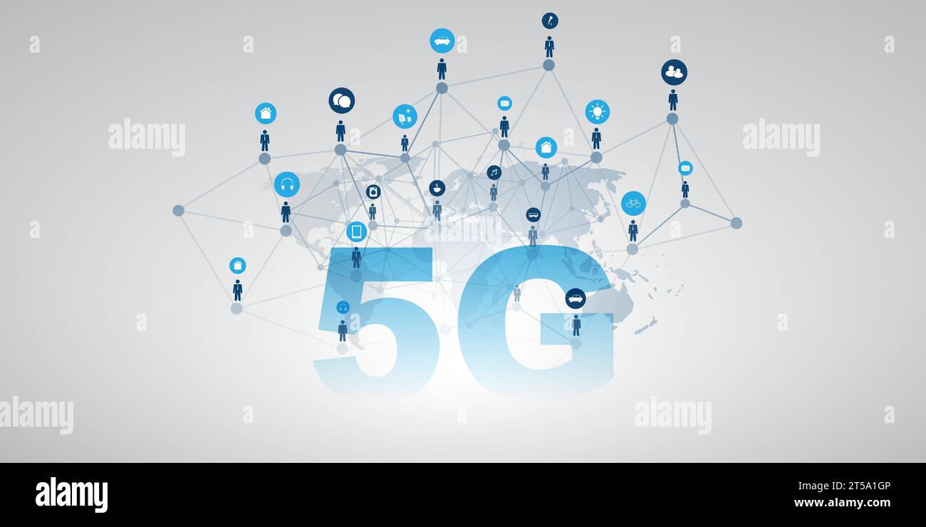 5G Network Label with World Map, People, Icons and Network Mesh - High ...