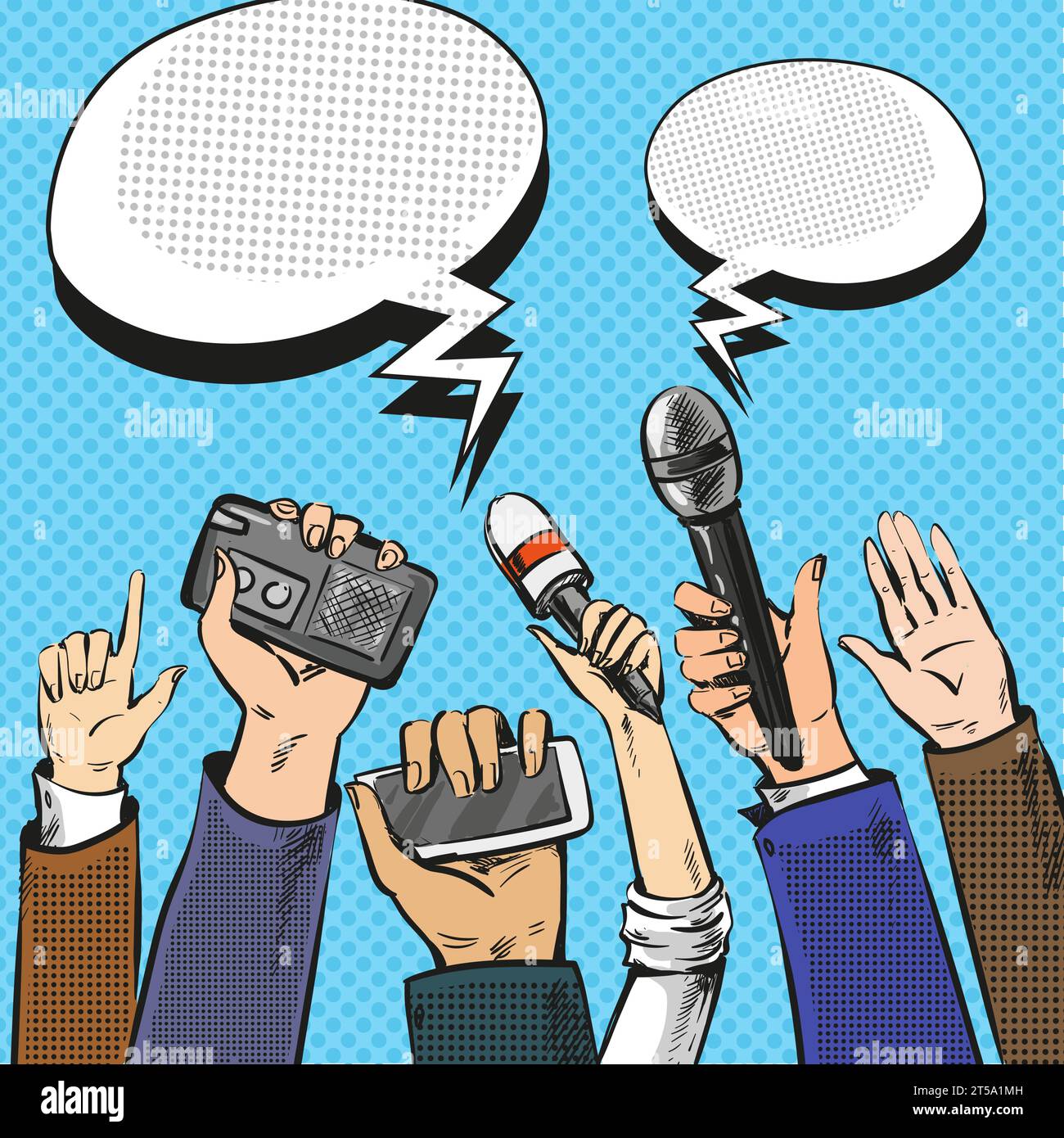 Vector pop art illustration of reporters hands with microphones Stock ...