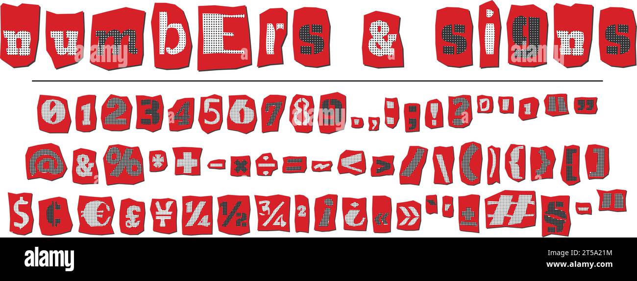 Ransom halftone collage style letters numbers and punctuation marks cut ...