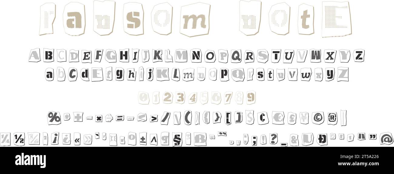 Ransom halftone collage style letters numbers and punctuation marks cut ...