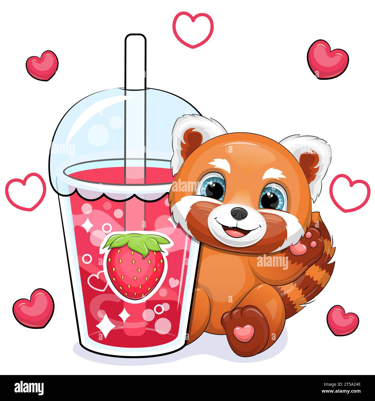 Cute cartoon red panda with a big strawberry drink. Vector illustration ...