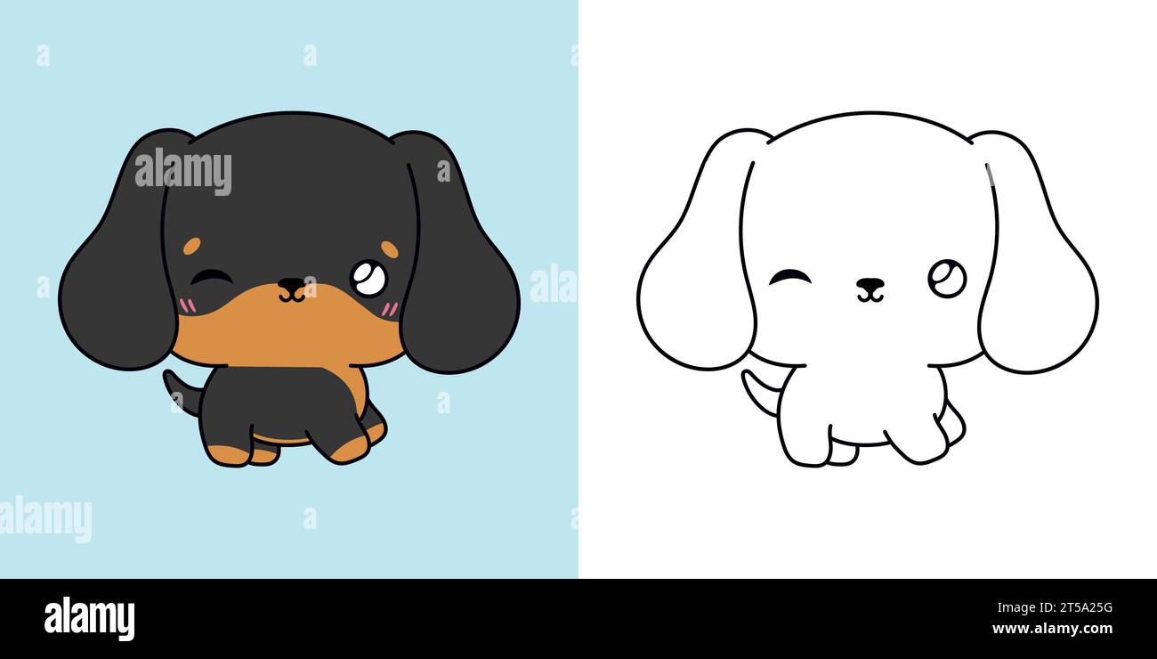 Cute Dachshund Dog Clipart Illustration and Black and White. Kawaii ...