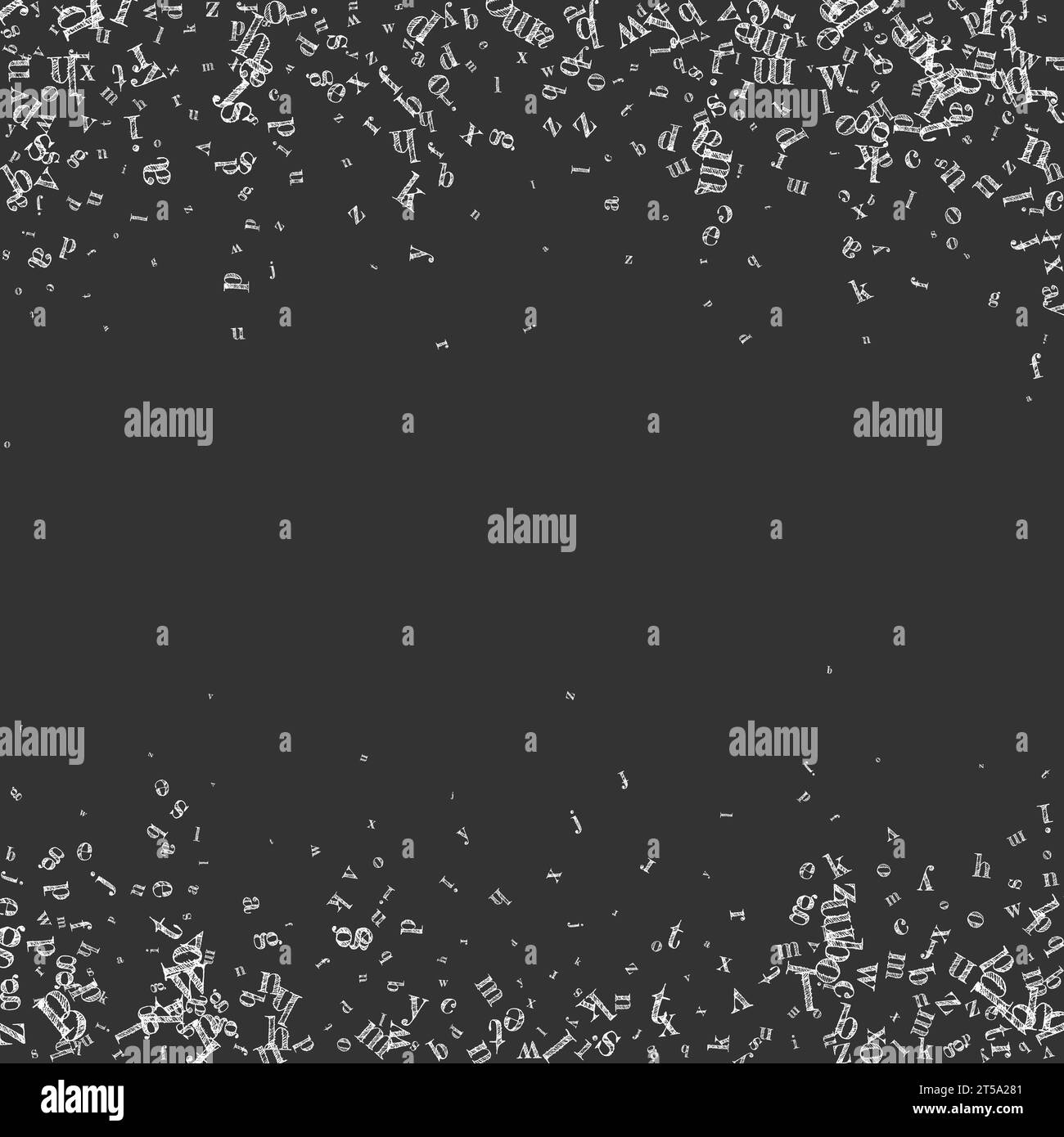 Scattered letters of latin alphabet. White chalk floating characters of ...