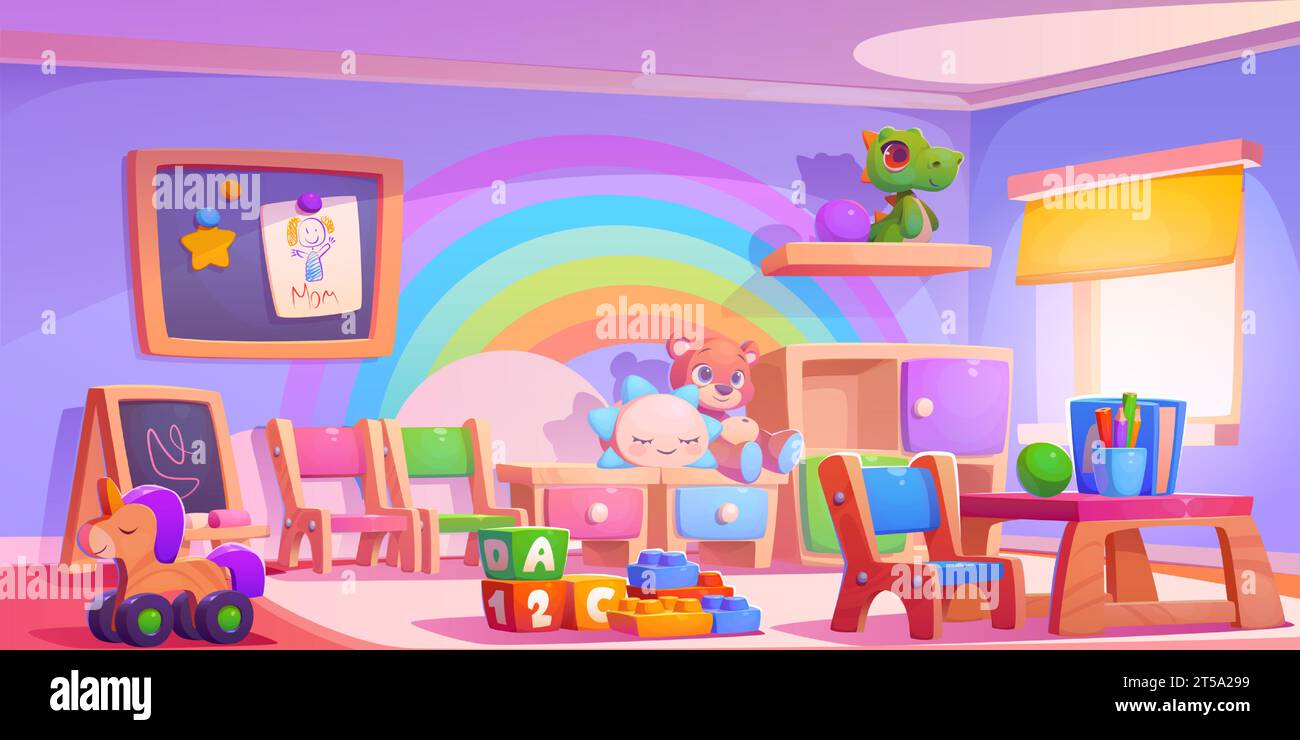 Kindergarten playroom with toys. Vector cartoon illustration of large ...