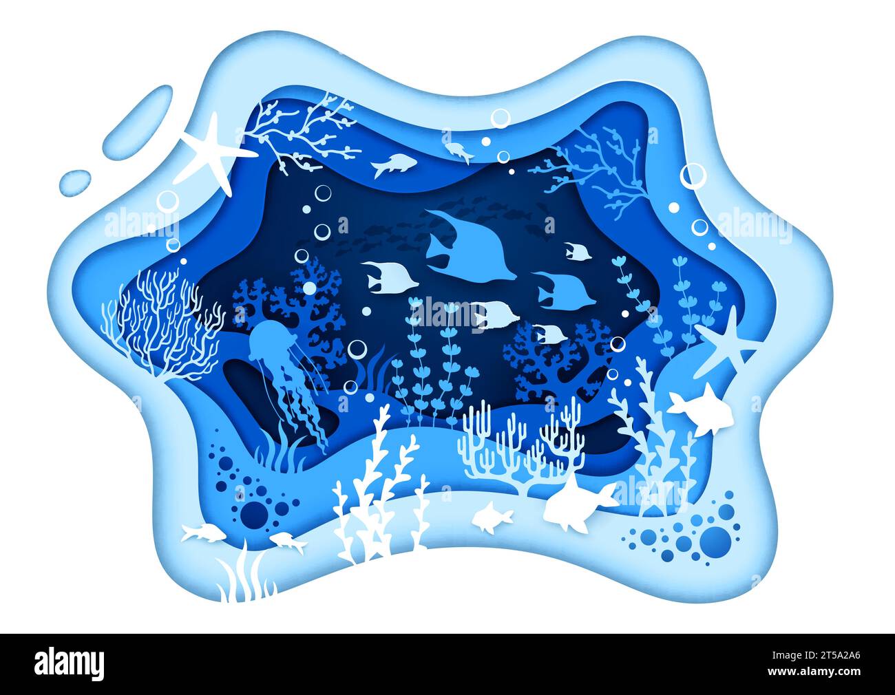 Ocean blue sea paper cut landscape silhouette. Seaweeds, fish shoal ...