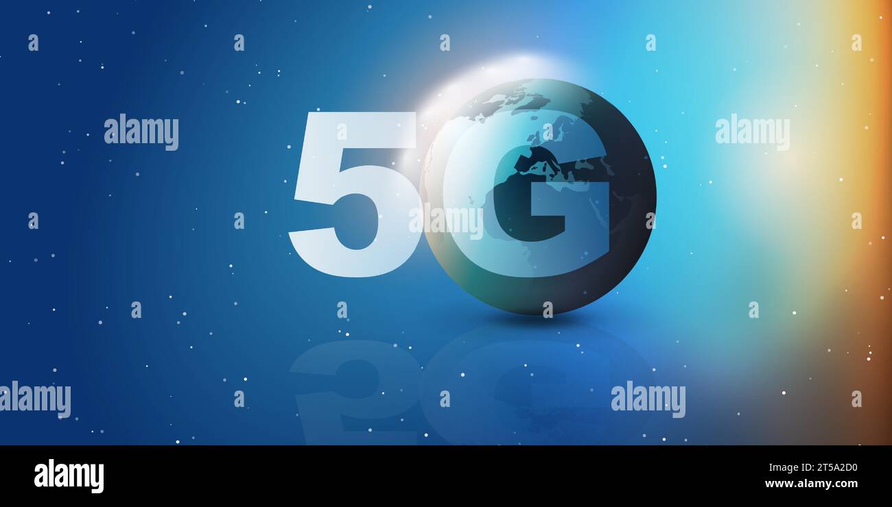 Colorful 5G Network Label with Earth Globe in Sunlit Outer Space - High ...