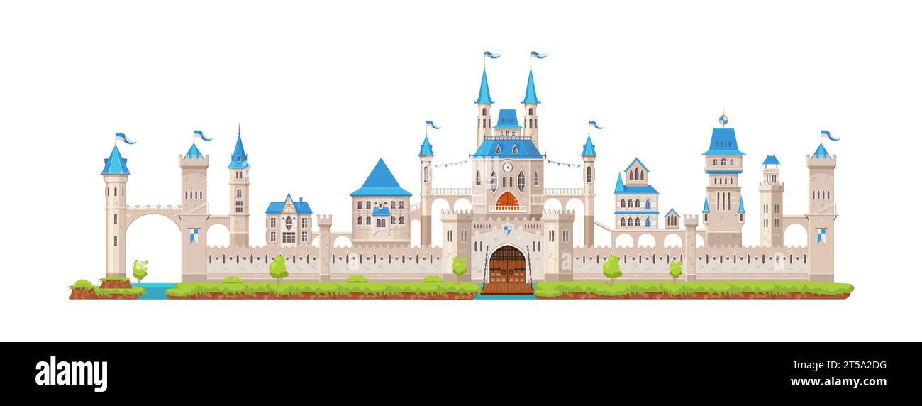 Medieval fortress castle. Gate, tower and turret, bridge, fort, wall ...