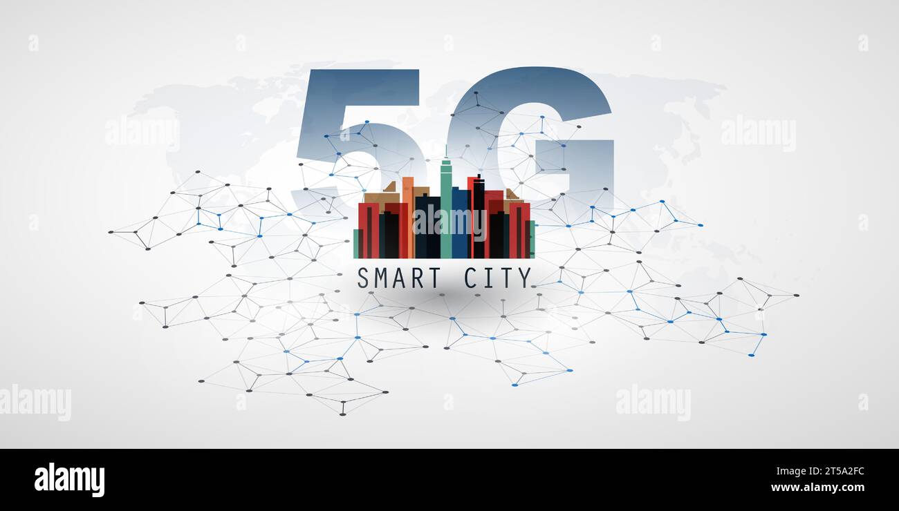5G Network Label with Skyscrapers, Cityscape and Network Mesh ...