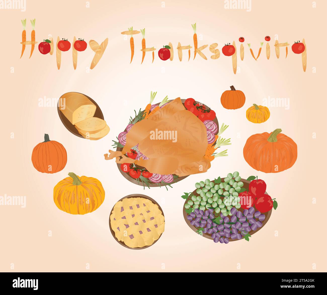 Thanksgiving vectors with Thanksgiving food, baked turkey, pumpkin pie ...