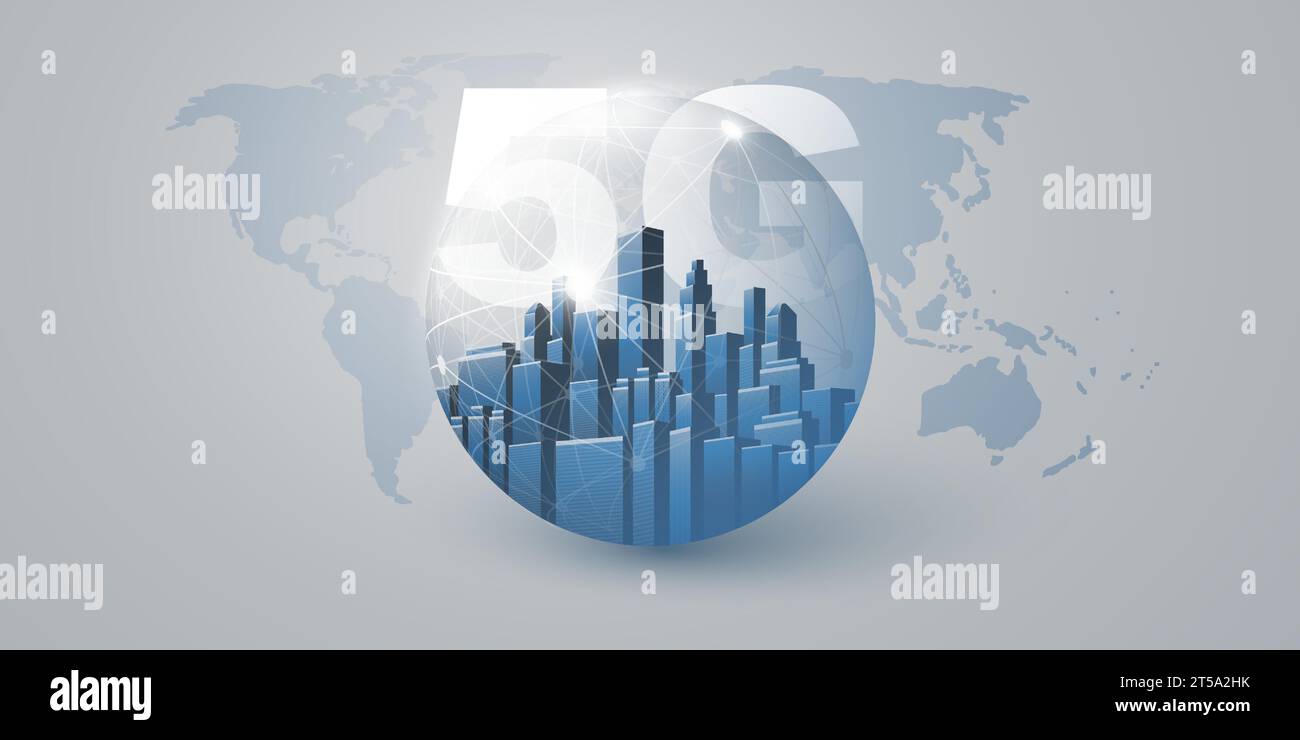 Blue Grey 5G Network Label with a Cityscape Inside of a Globe ...