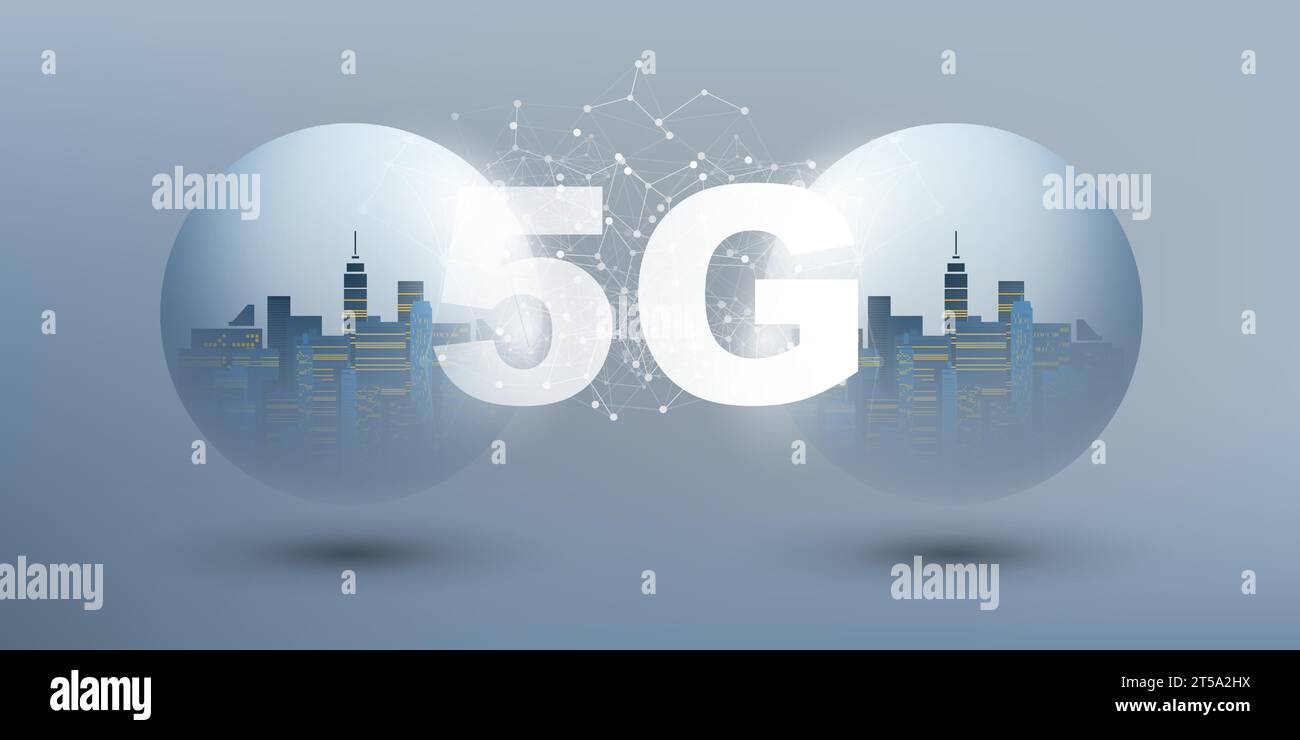 5G Network Label with Cityscapes Inside of Globes - Grey Blue ...