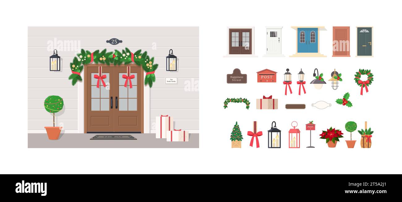 Set of elements for decorating double front door. Exterior concept for ...