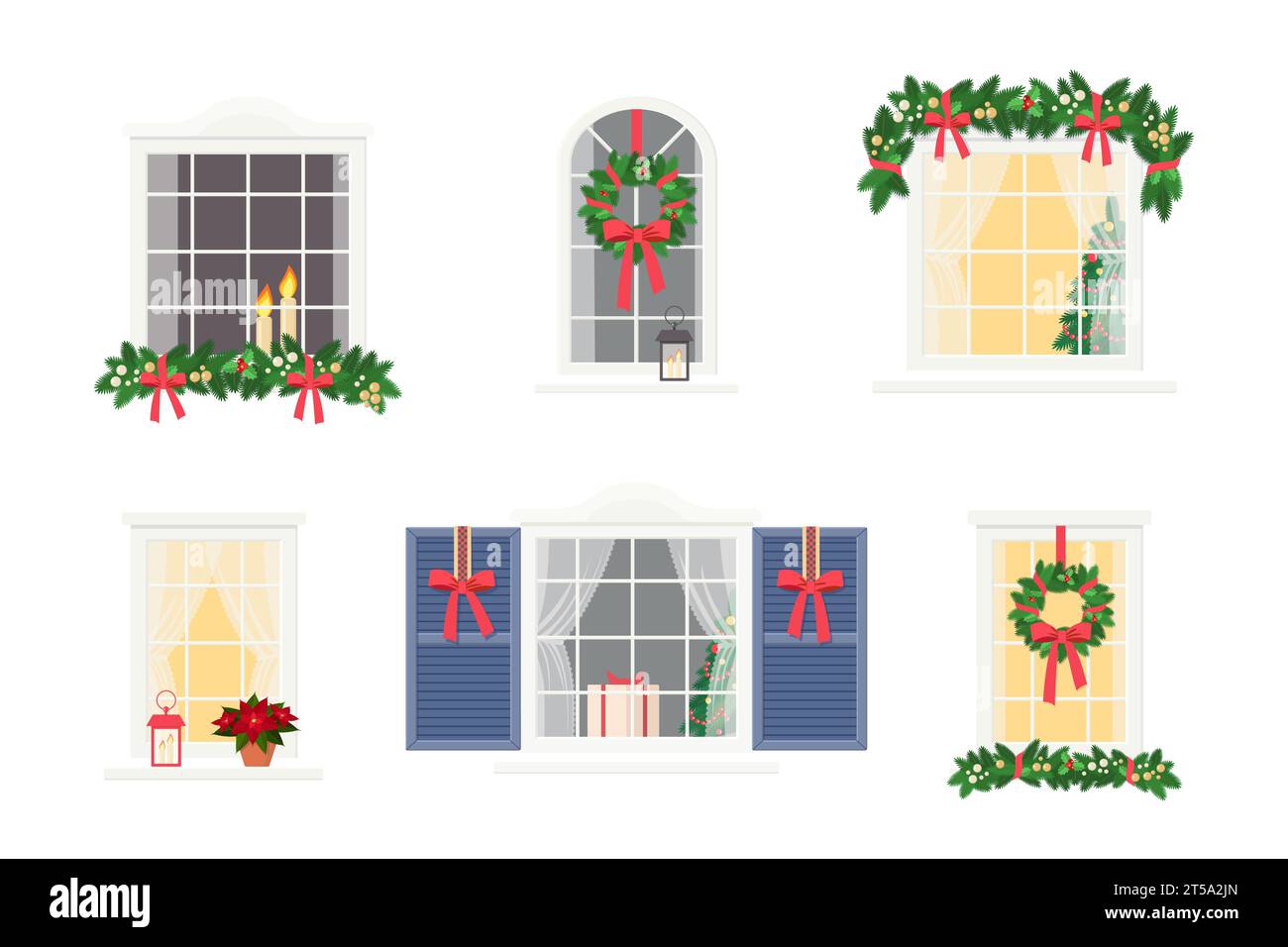 Set of cute windows with Christmas decorations isolated on white ...