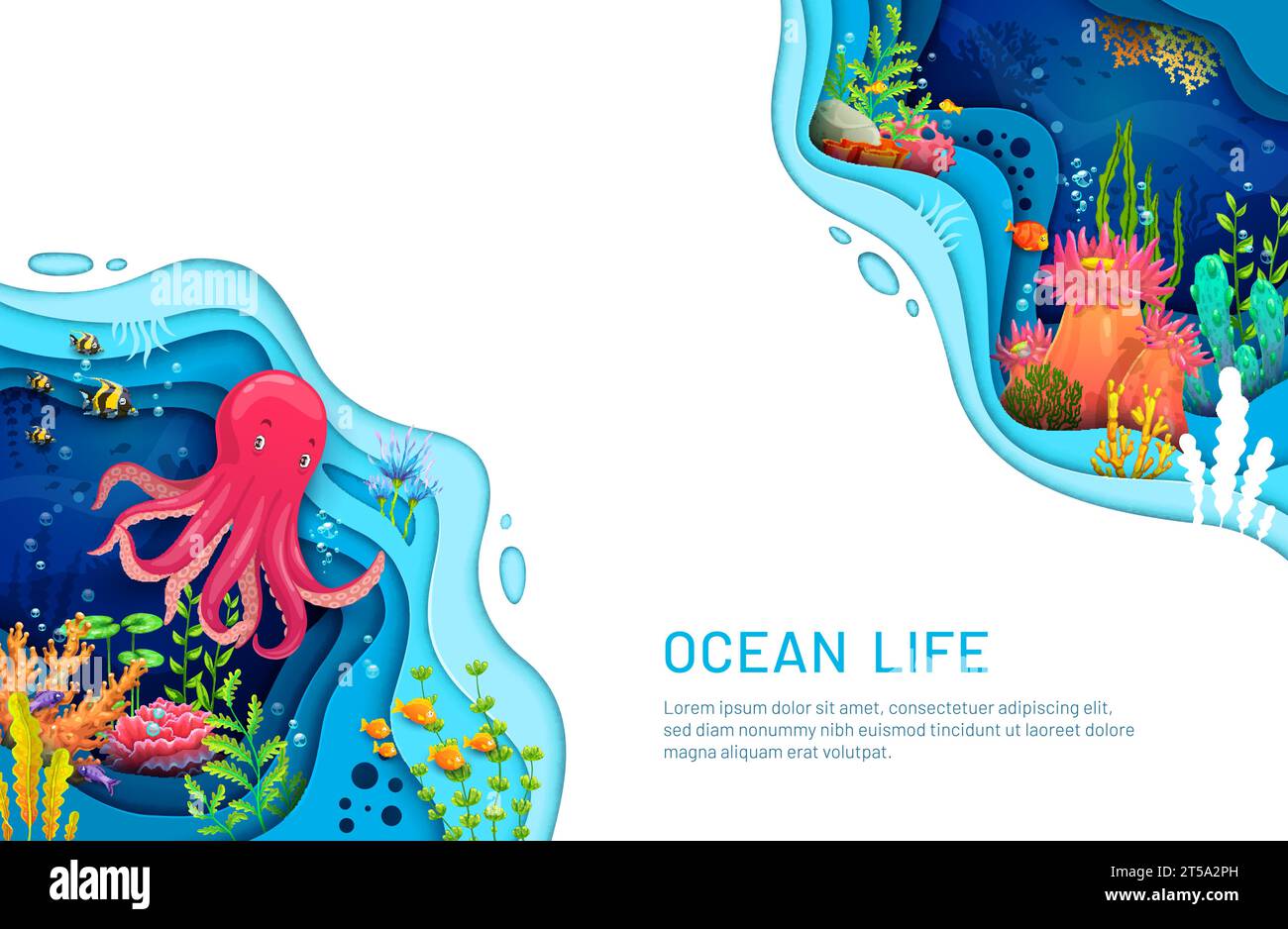 Cartoon sea paper cut banner landscape with octopus, seaweeds and ...