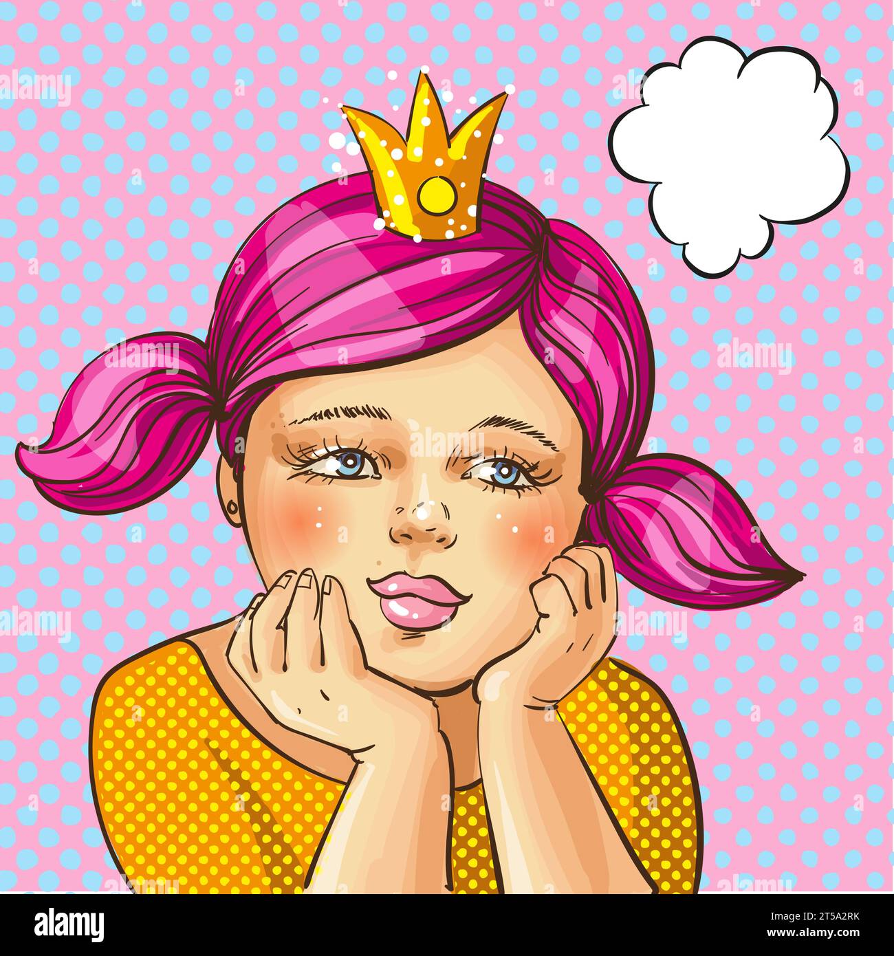 Vector pop art illustration of girl with gold crown on head Stock ...