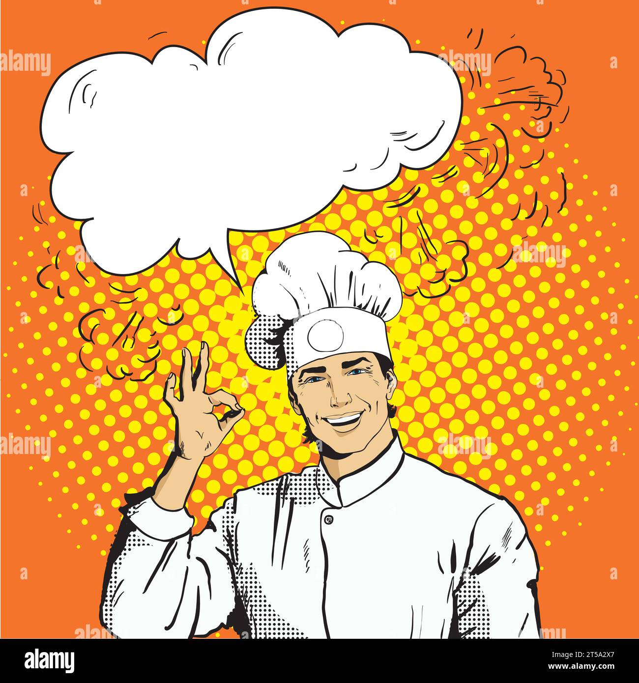 Chef with speech bubble shows OK sign. Vector illustration in retro ...