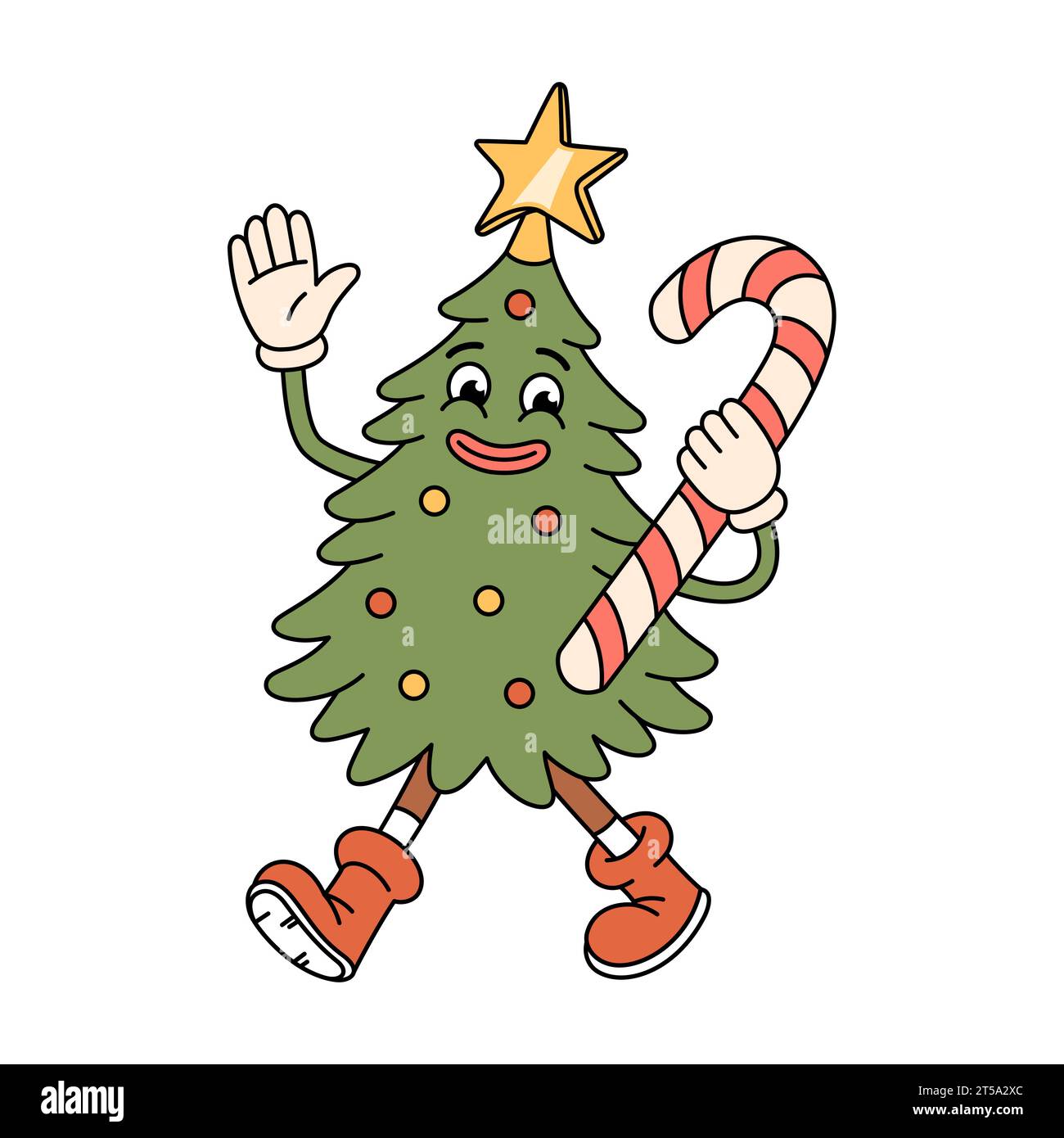 Groovy Christmas tree character with candy cane. Retro groovy cartoon ...