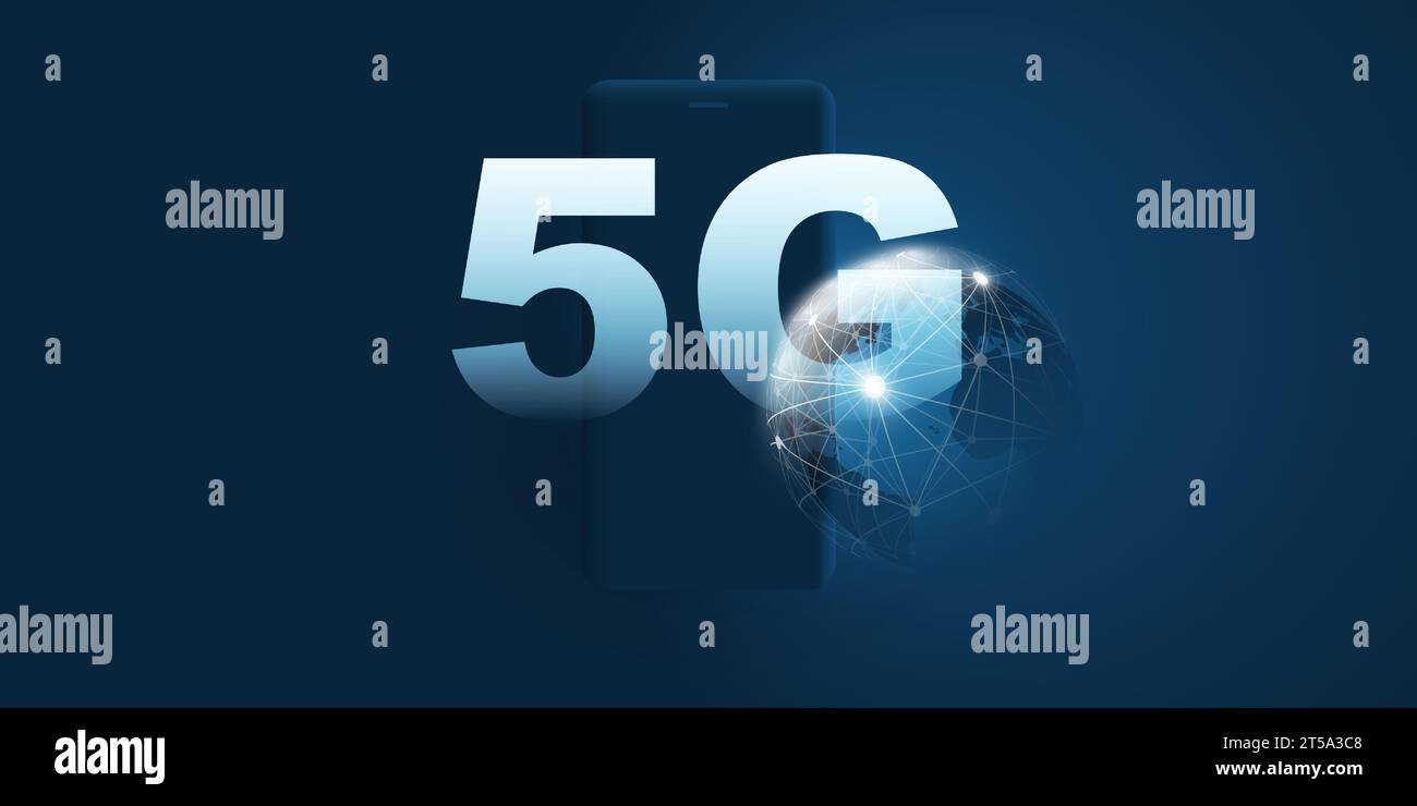 5G Network Label with Earth Globe, Smart Phone Symbol and Polygonal Mesh - Background, High ...