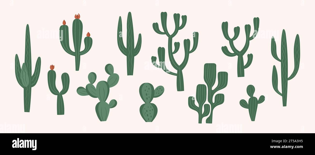 Cacti, desert plants set with cute hand drawn western cactuses Stock ...