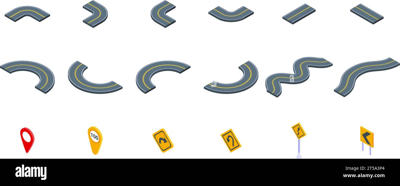Winding road icons set isometric vector. Vehicle road driving. Car ...