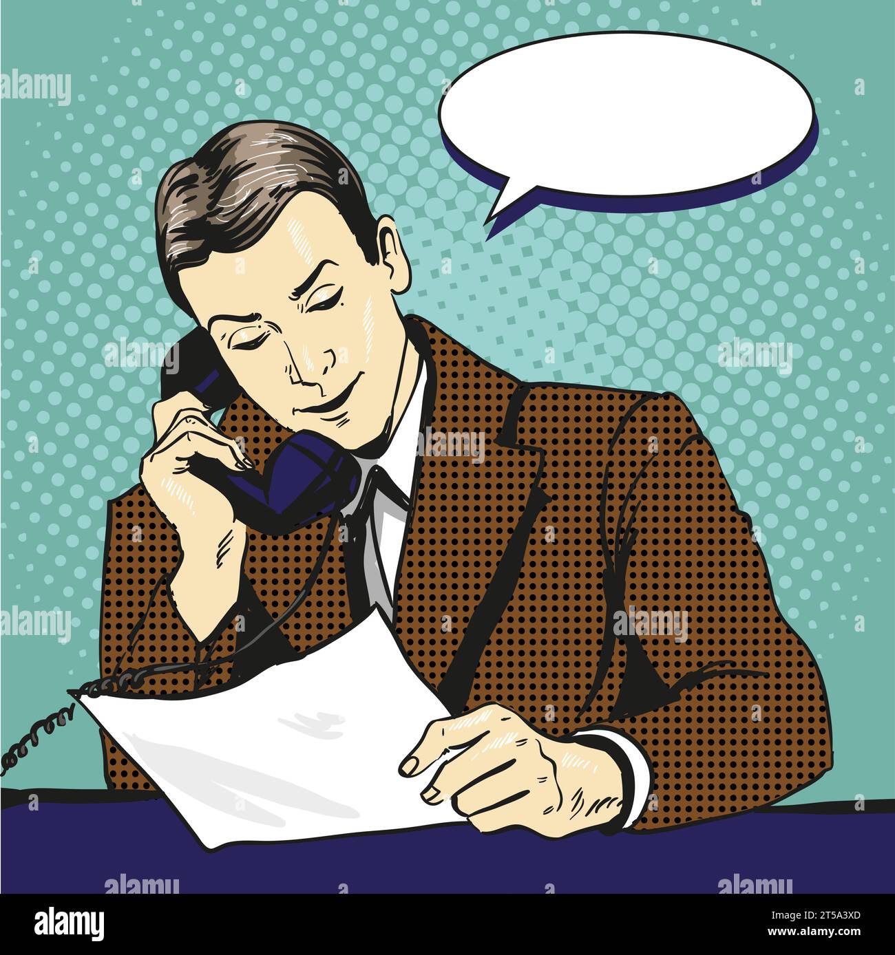 Businessman talking by phone and reading documents. Vector illustration ...