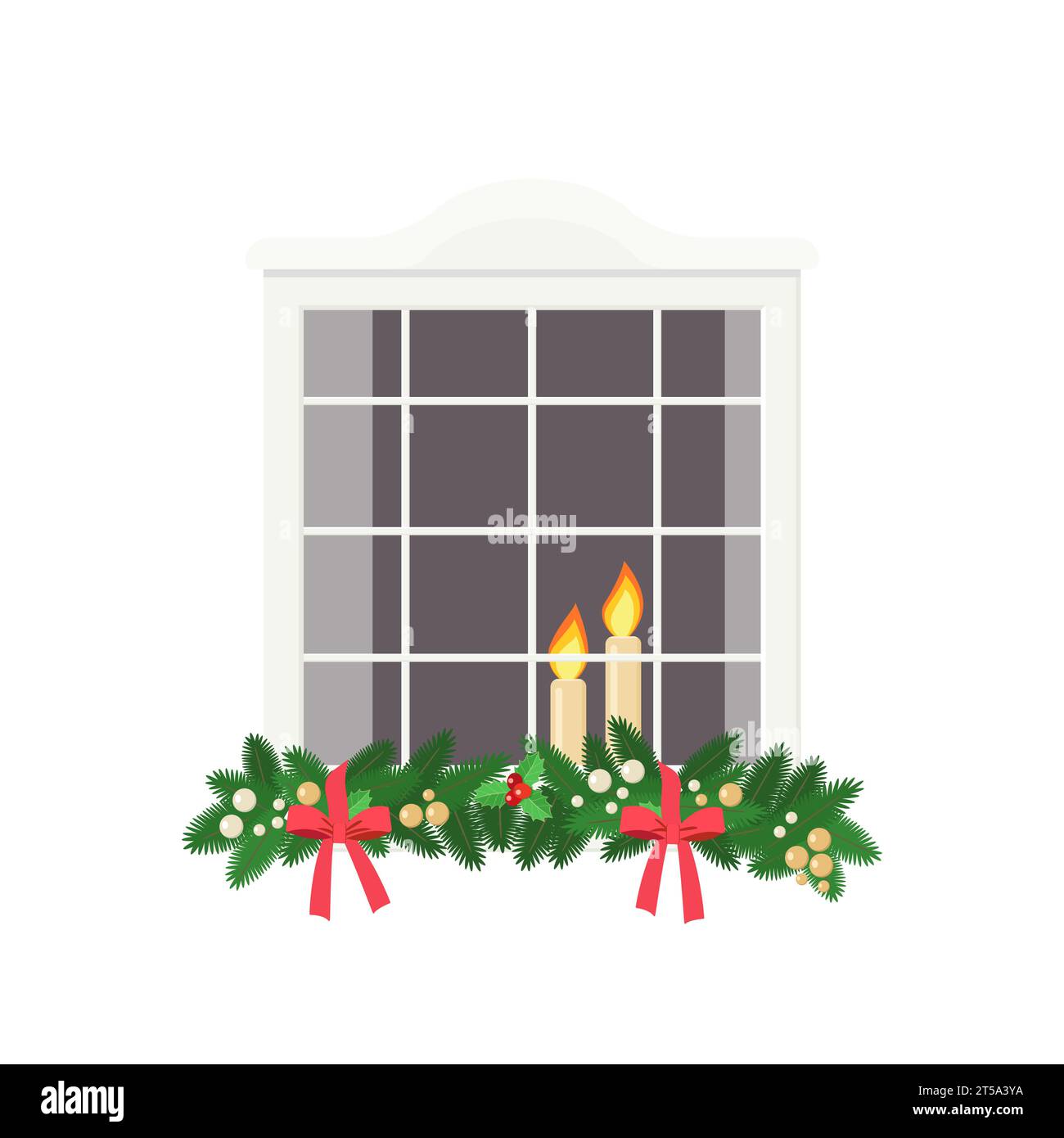 Cute window decorated with fir branches, isolated on white background ...